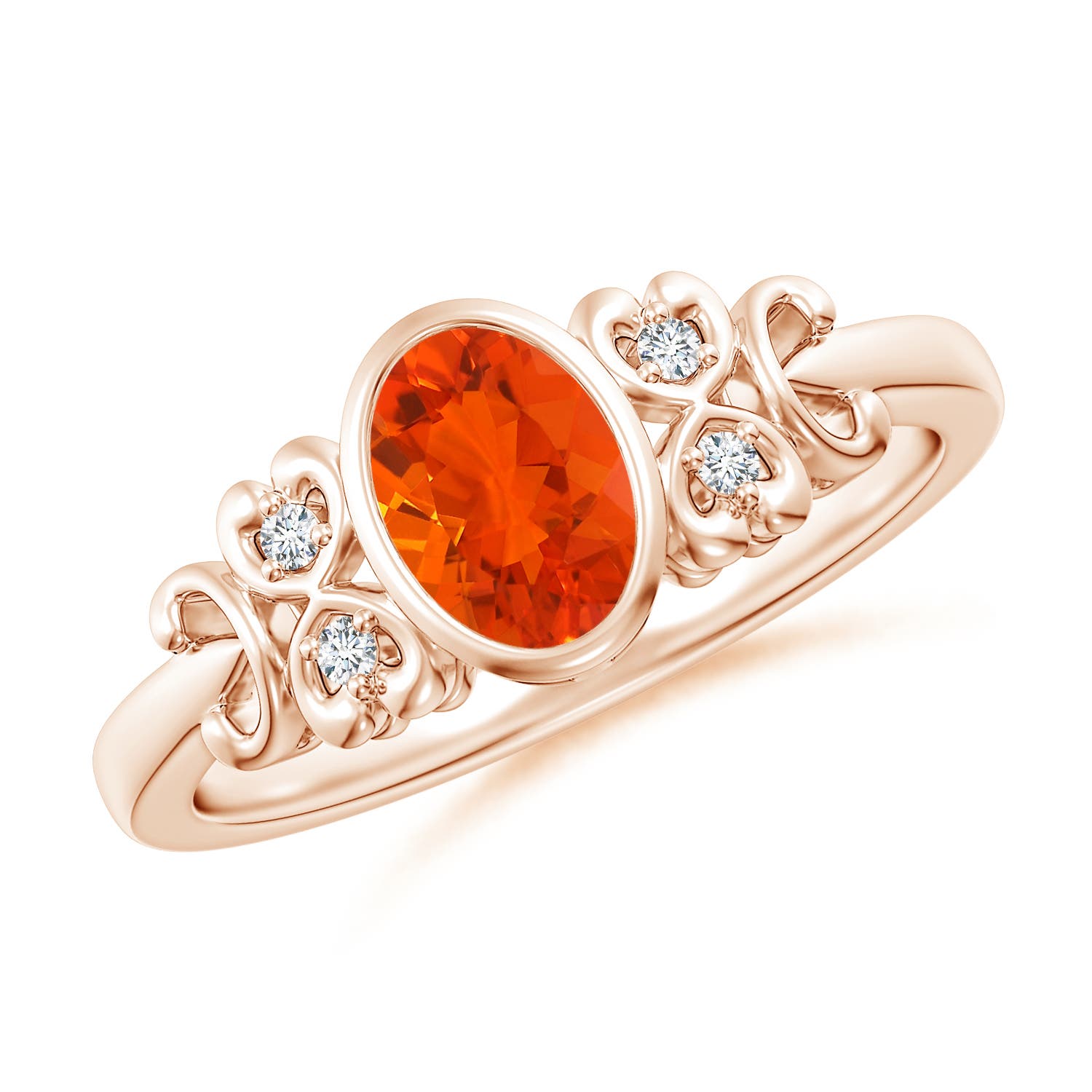 VINTAGE STYLE BEZEL SET Oval Fire Opal Ring With Diamonds In Gold