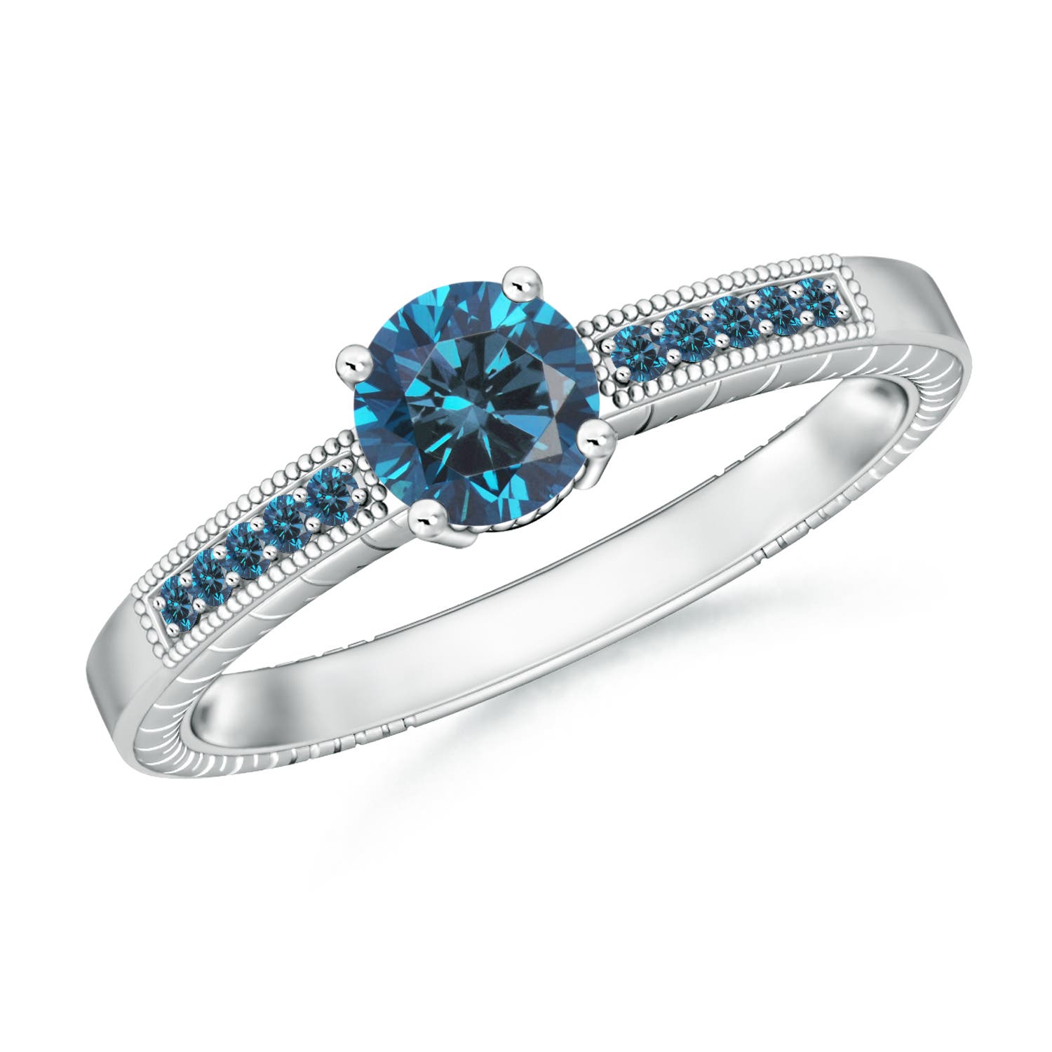 Round Blue Diamond Solitaire Ring with Milgrain | Angara