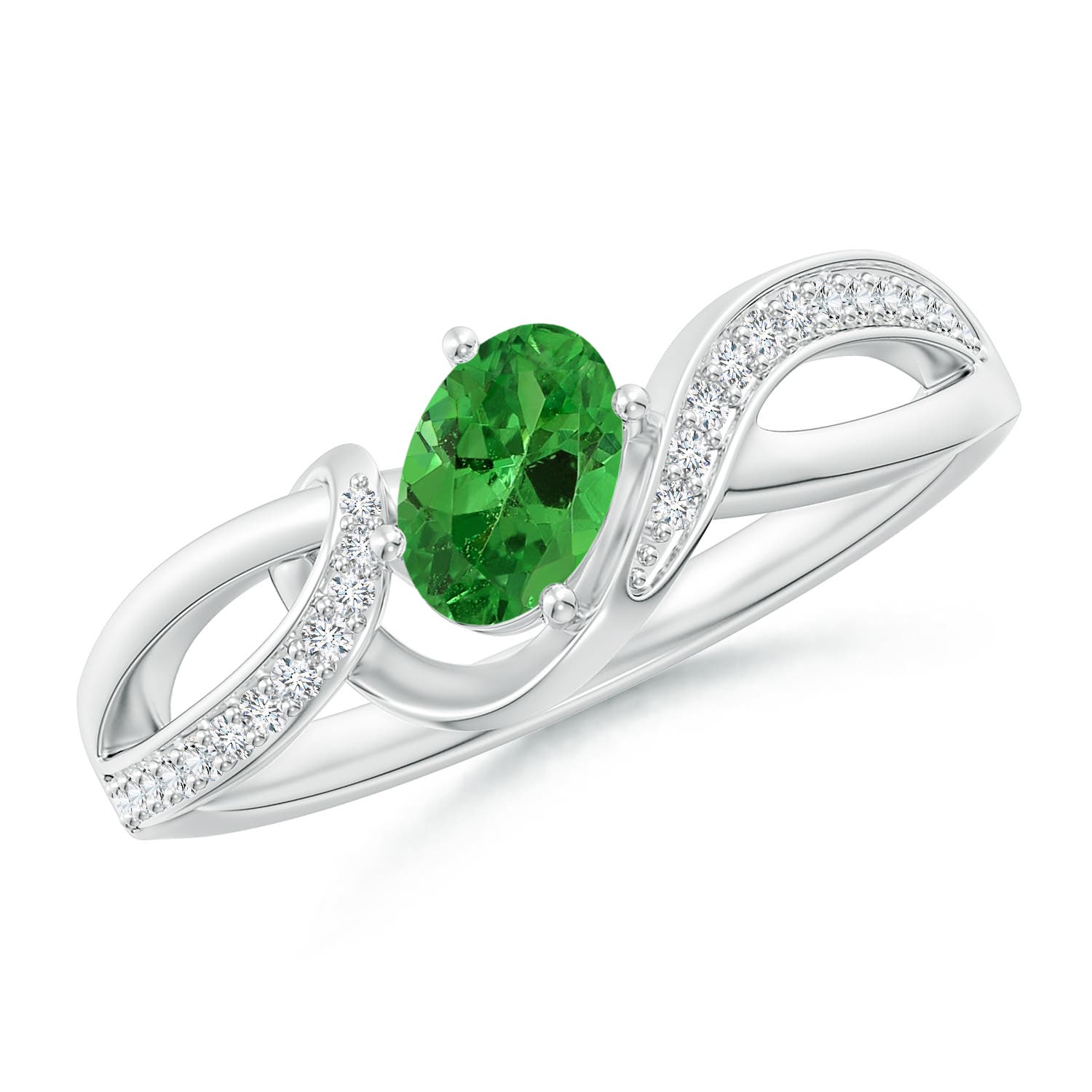 Oval Tsavorite Twisted Ribbon Ring with Pavé Diamonds | Angara