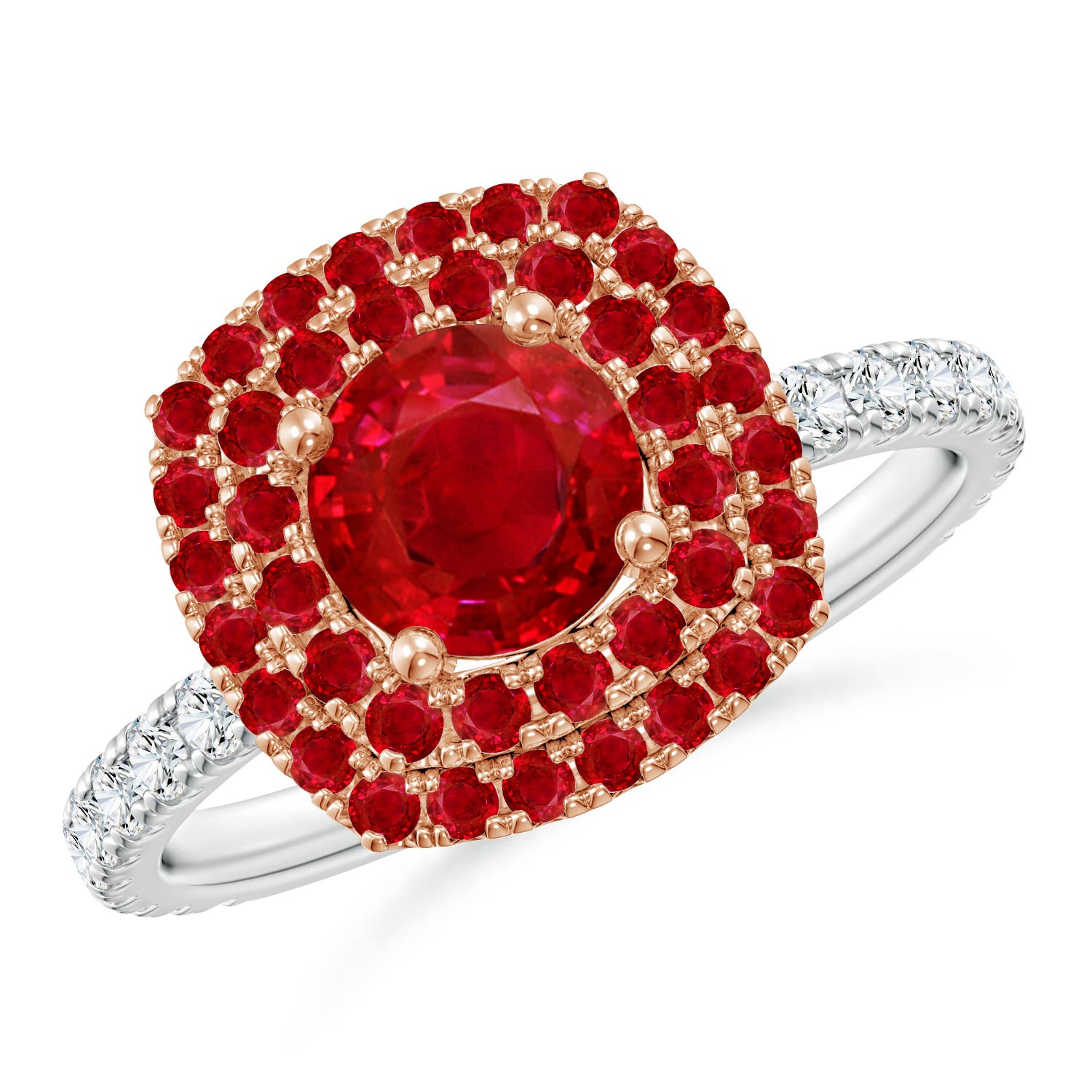 Round Ruby Two Tone Ring with Double Halo | Angara