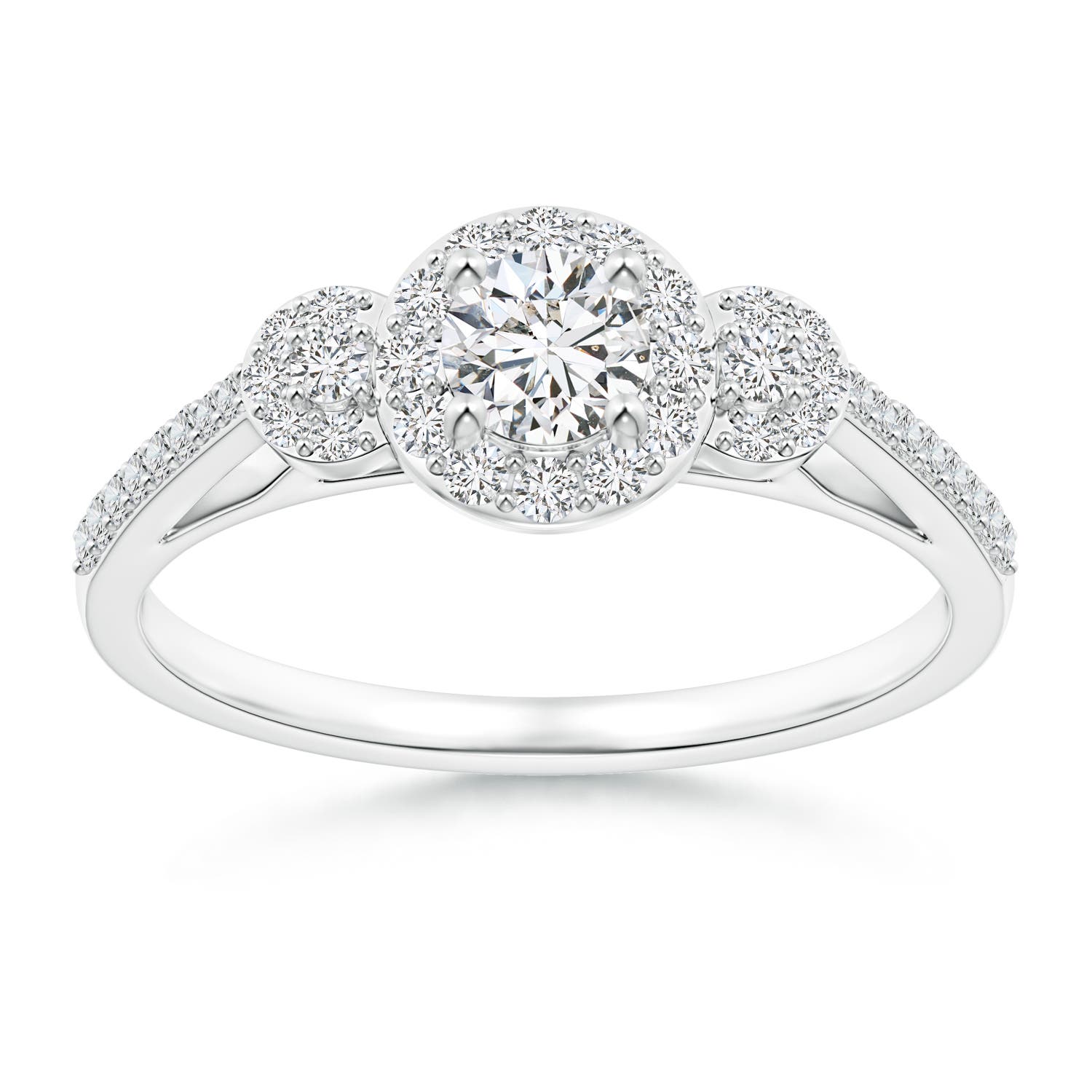 Three Stone Round Diamond Halo Ring | Angara