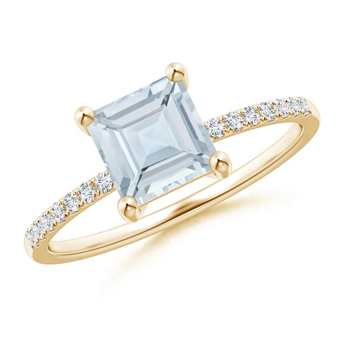 ANGARA Square Aquamarine Ring with Diamond Studded Shank for Women in ...